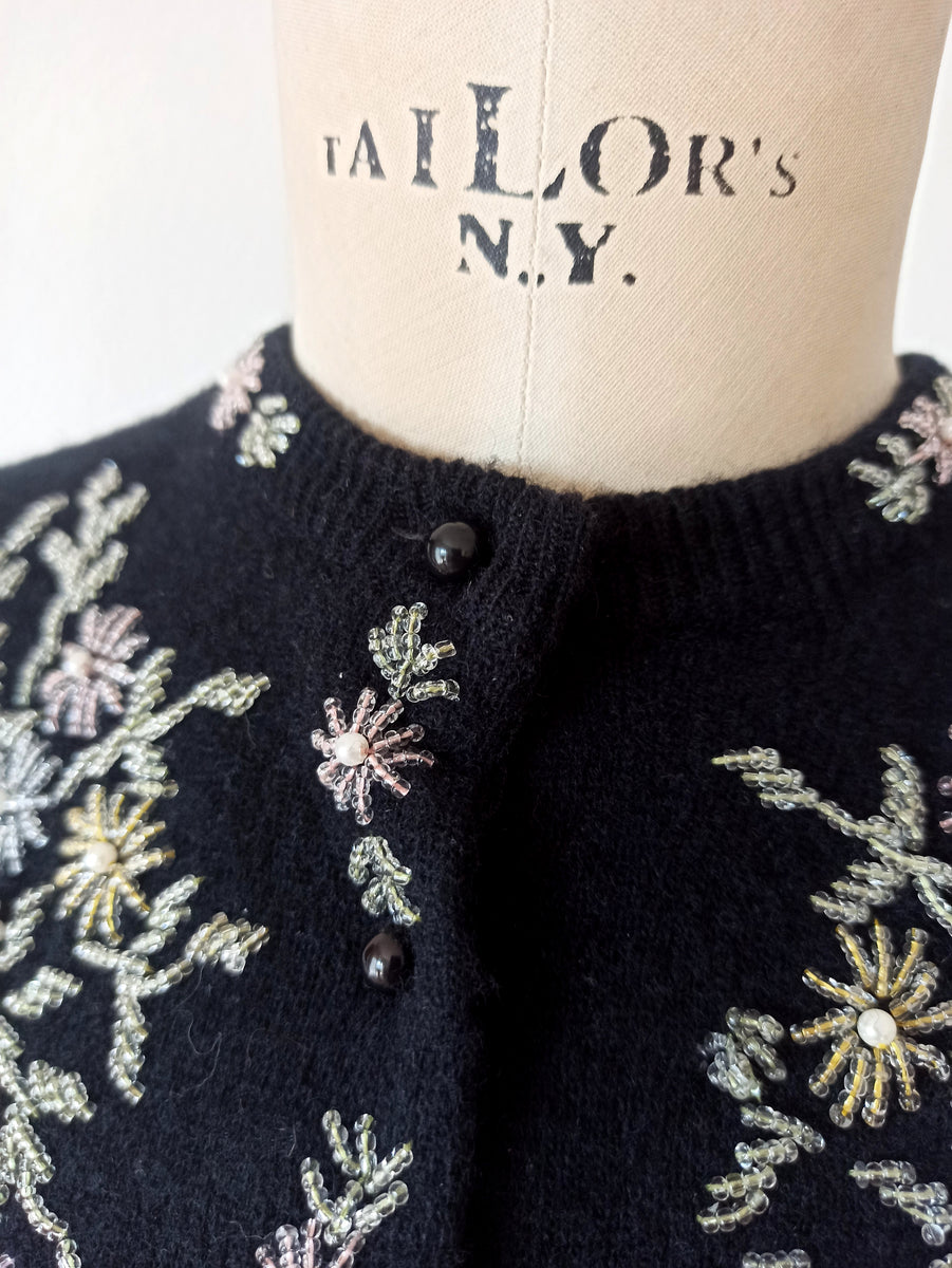 1950s - Marvelous Black Beaded Angora Wool Cardigan – Der Fuchs Vintage